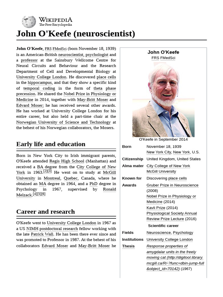 John O'Keefe: Pioneer of Place Cells | PDF | Brain | Neuroscience