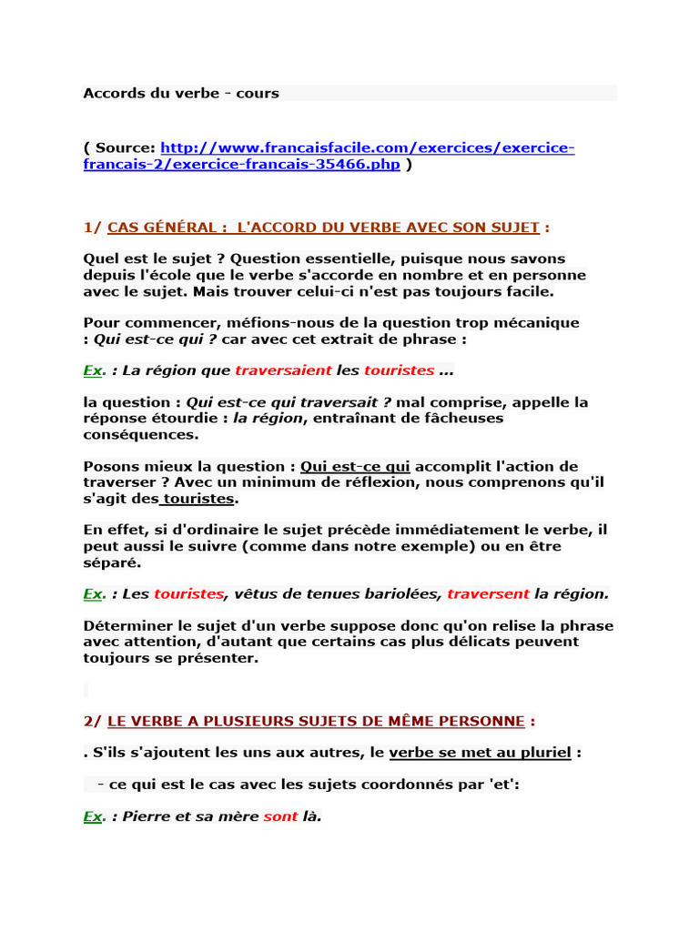 Accords Du Verbe | PDF | Pronom | Nombre grammatical