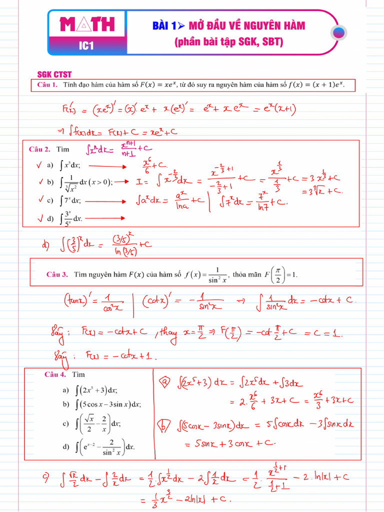 Bản Viết Tay - IC1 - Mở Đầu Về Nguyên Hàm | PDF