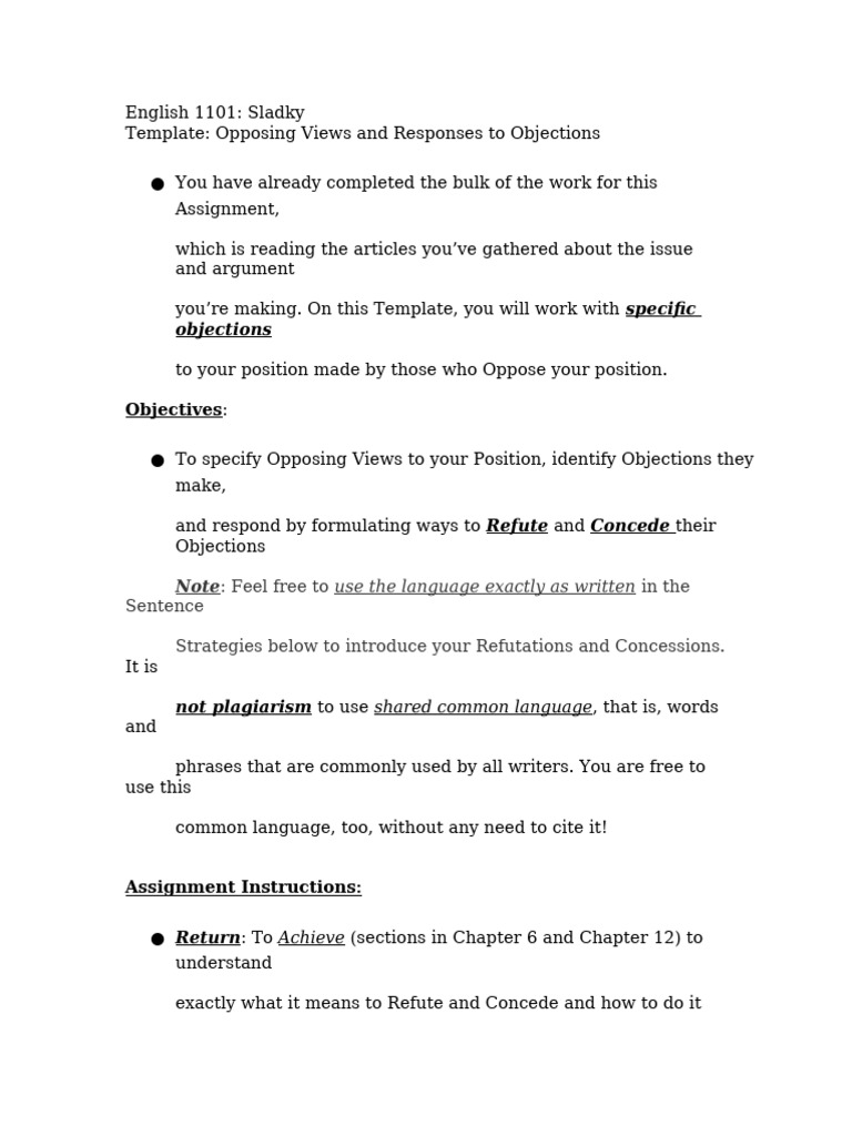 English 1101 Template Opposing Views and Your Responses SP24 | PDF ...