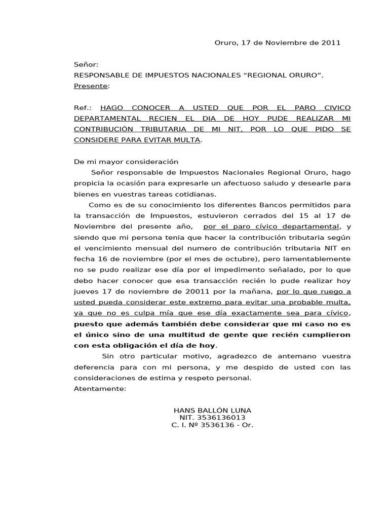 Solicitud de Plazo de Pago de Impuestos Por Paro Civico | PDF