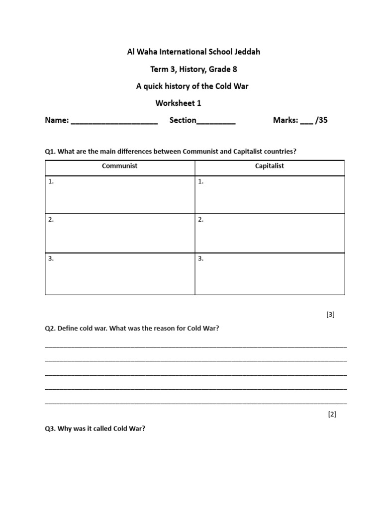 Cold War History Worksheet for Grade 8 | PDF | Cold War | Communism