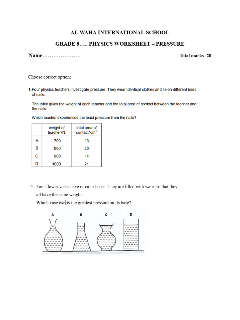Grade 8 Physics Worksheet on Pressure | PDF
