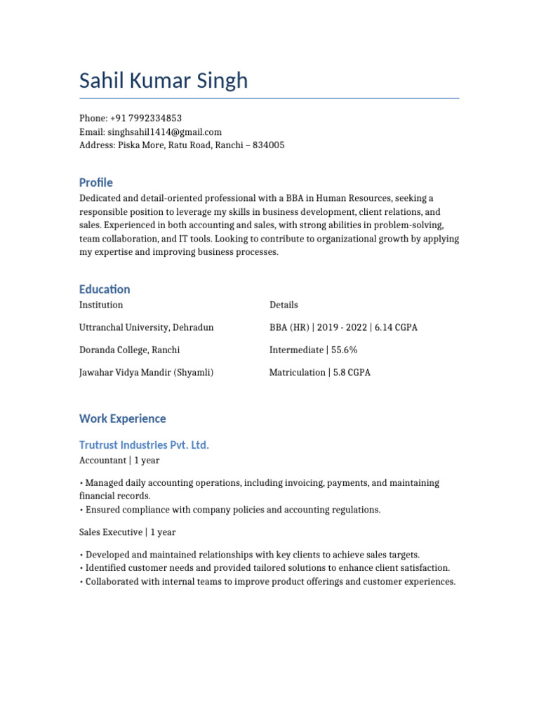 Sahil Kumar Singh CV No References | PDF | Collaboration | Enterprise ...