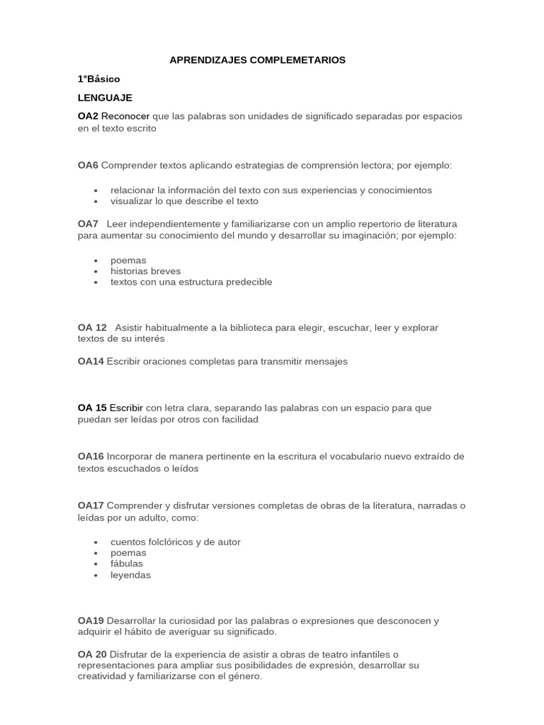 Aprendizajes Complemetarios Lenguaje | PDF | Comprensión lectora ...