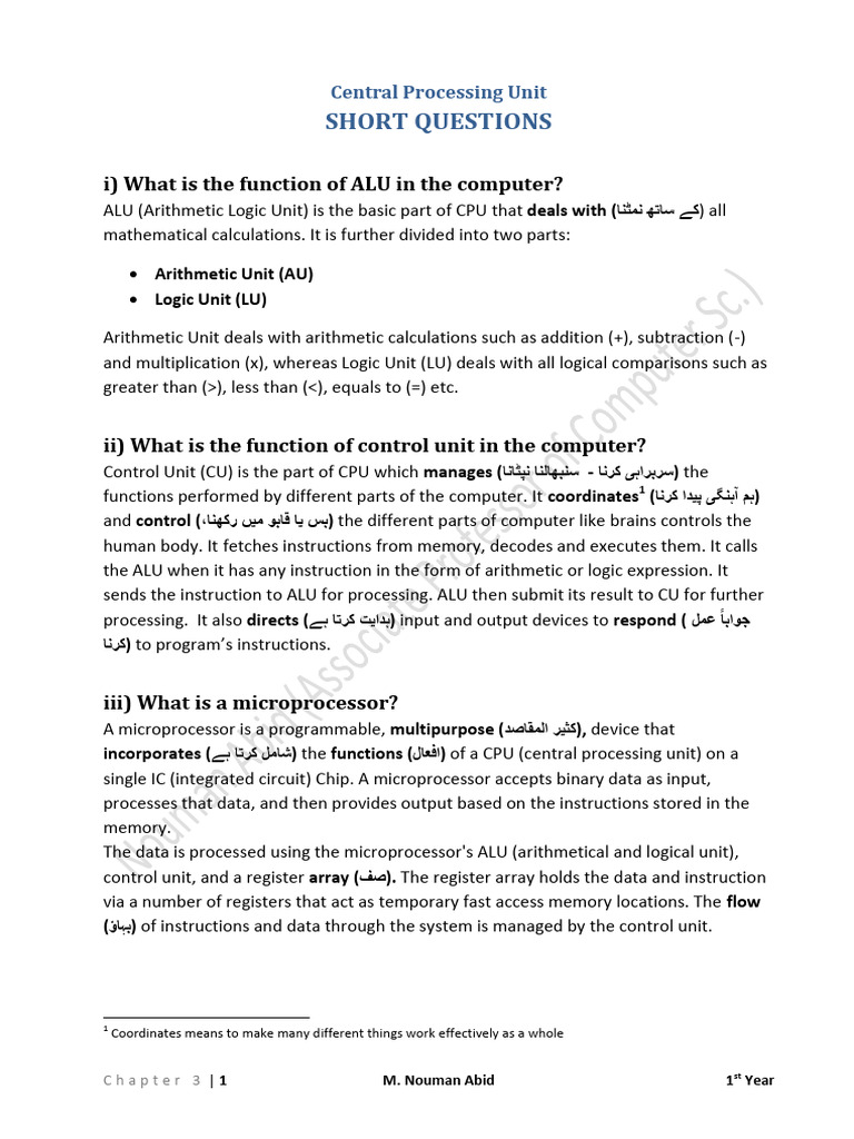 CH 3 1st Year (Nouman) Central Processing Unit | PDF | Central Processing Unit | Computer Science