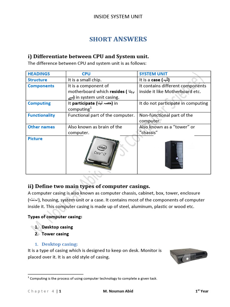 Ch 4 1st Year (Nouman) Inside System Unit | PDF | Random Access Memory | Bios