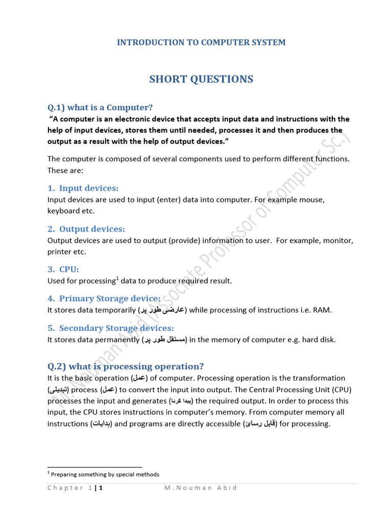 CH 1 1st Year (Nouman) Introduction To Computer System-2 | PDF | Printer (Computing) | Computer ...