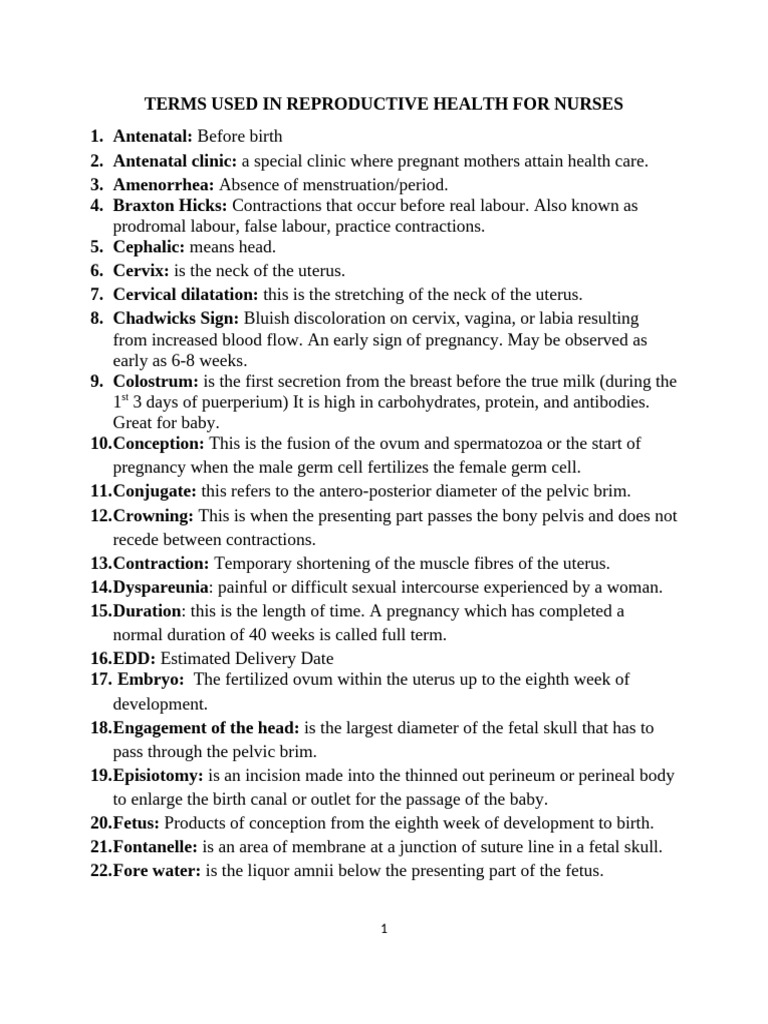 Reproductive Health Terms for Nurses | PDF | Pregnancy | Childbirth