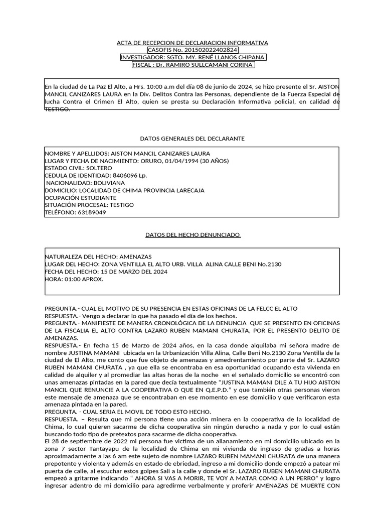 Acta de Recepcion de Declaracion Informativa Aiston Mancil Canizares ...
