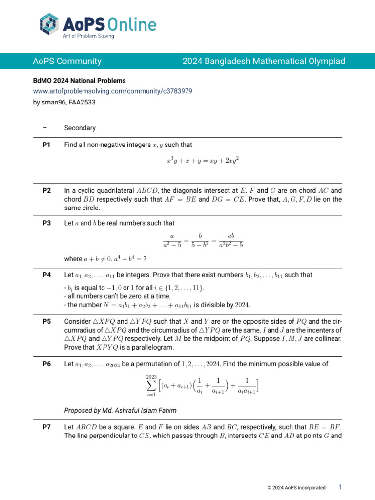 Aops Community 2024 Bangladesh Mathematical Olympiad: Bdmo 2024 National Problems | PDF ...