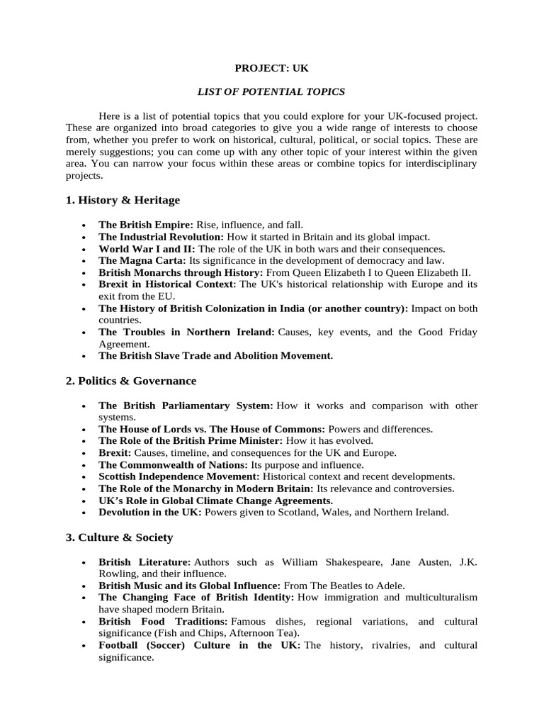 Project Uk - List of Potential Topics | PDF | United Kingdom | Brexit