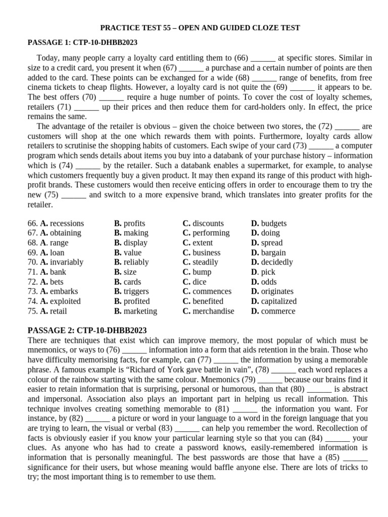 PRACTICE TEST 55 - OPEN CLOZE + GUIDED CLOZE - ADVANCED Nokey - DHBB ...