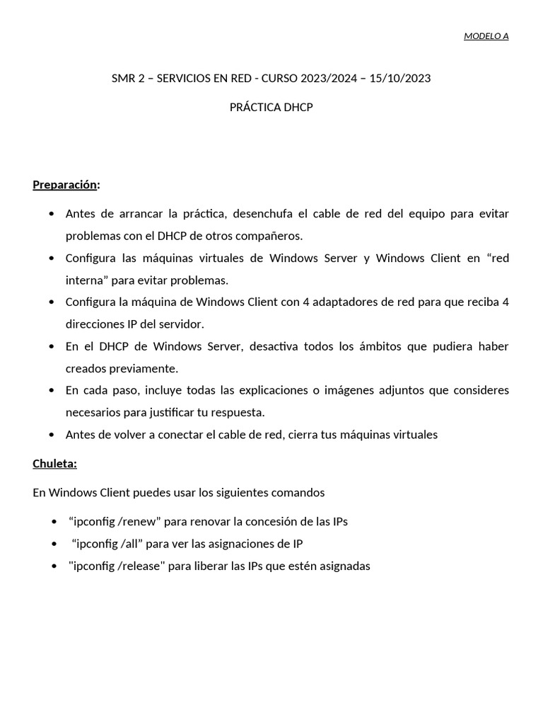 Práctica DHCP - Modelo A | PDF | Dirección IP | Protocolos de internet