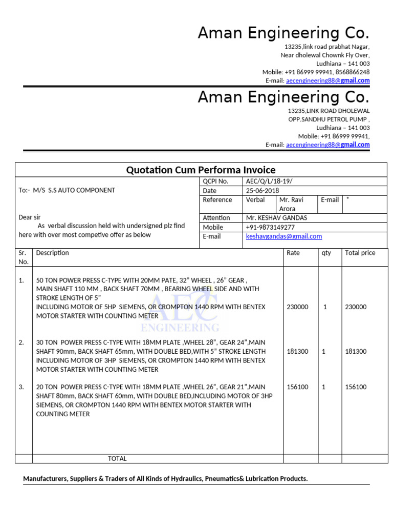 SS AUTO COMPONENT Quotation Form | PDF | Manufactured Goods | Machines