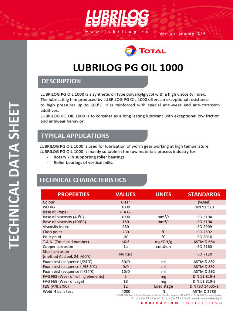 Lubrilog PG Oil 1000 - Total | PDF | Bearing (Mechanical) | Viscosity