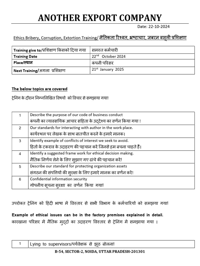 Another Export Company: Date: 22-10-2024 Ethics Bribery, Corruption ...