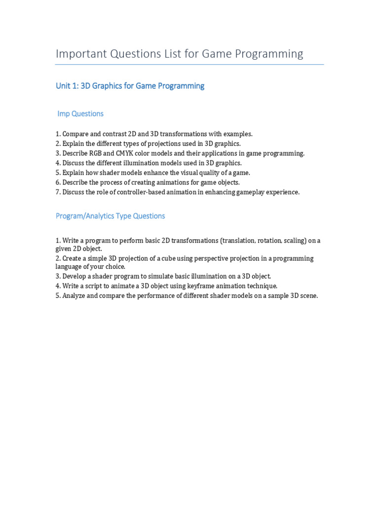 Essential Game Programming Questions | PDF | Computers | Technology & Engineering