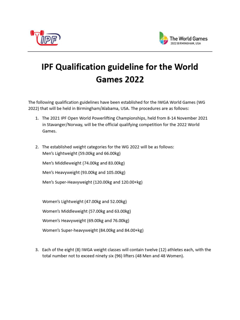 IPF World Games 2022 Qualification Guide | PDF | Individual Sports | Weight