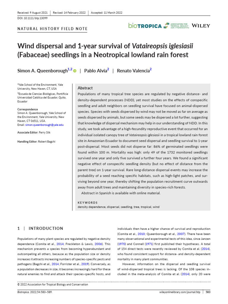 Wind Dispersal and 1 Year Survival of Vataireopsis Iglesiasii (Fabaceae ...