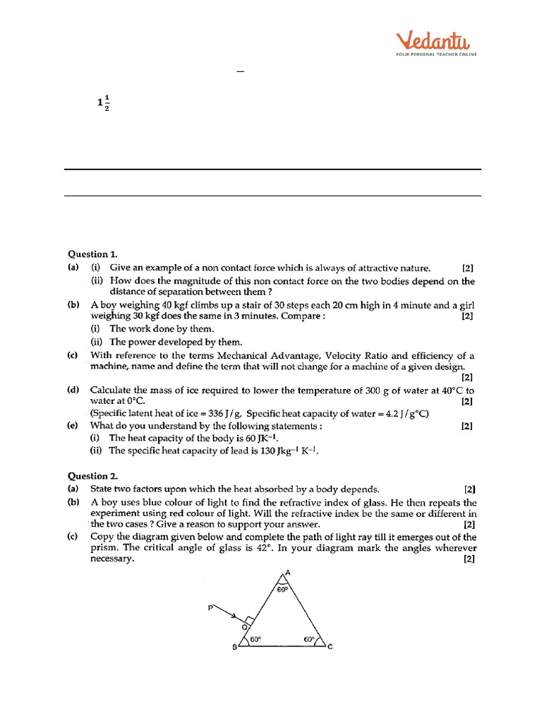 ICSE Sample Question Papers For Class 10 Physics - Mock Paper 1 | PDF