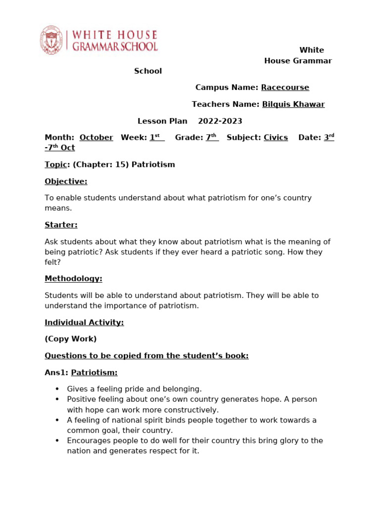 S.ST Week 1 Oct Grade 7th Planning | PDF | Feeling | Patriotism