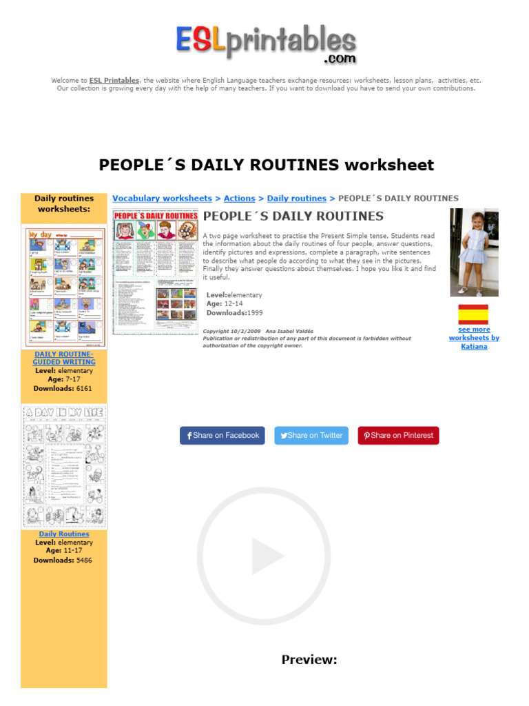 PEOPLE S DAILY ROUTINES - ESL Worksheet by Katiana | PDF | Human ...