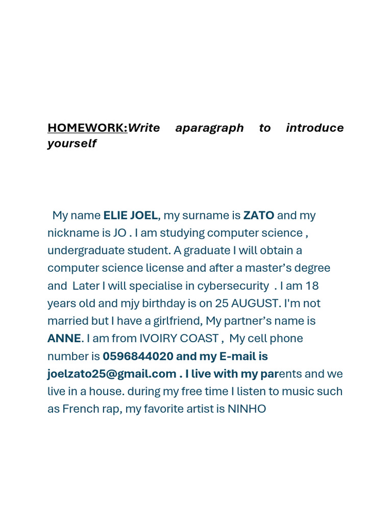 HOMEWORK Write a Paragraph Introduce | PDF