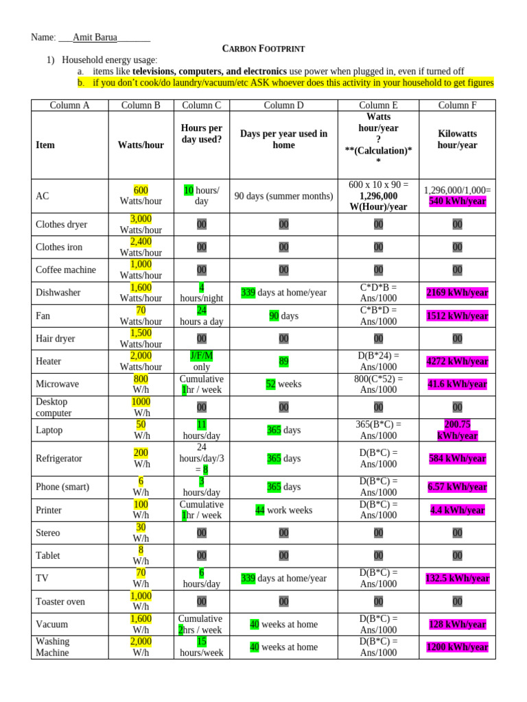 Carbon Footprint Activity - Pandemic - Amit Barua 08.12 | PDF | Home ...
