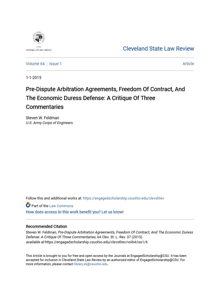 Pre-Dispute Arbitration Agreements Freedom of Contract and The | PDF ...