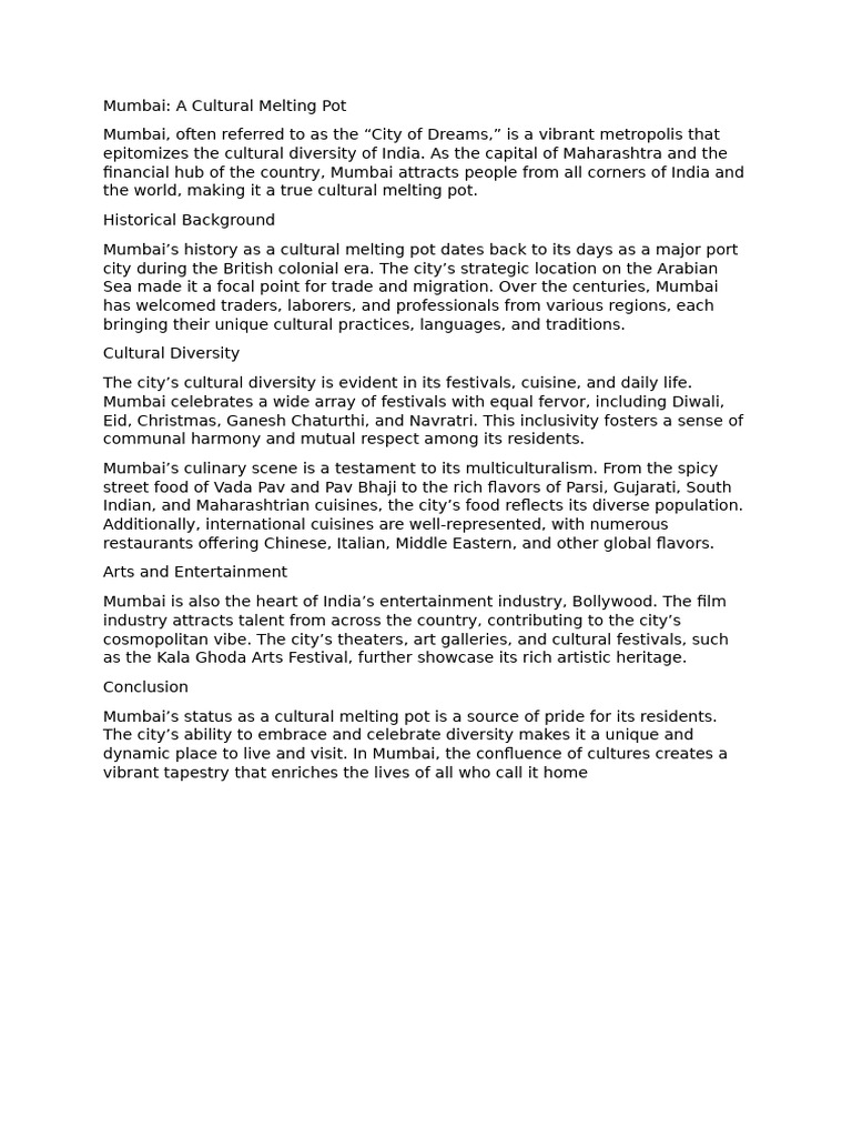 Mumbai Cultural Melting Pot | PDF