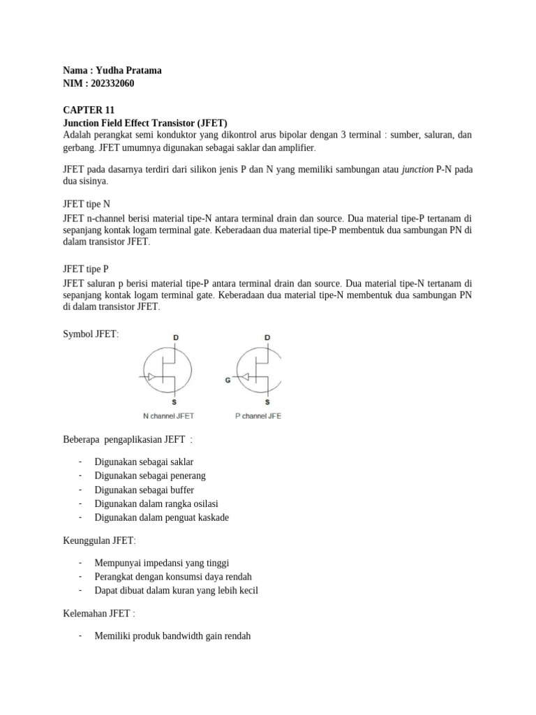 Nama: Yudha Pratama NIM: 202332060 Capter 11 Junction Field Effect Transistor (JFET) | PDF