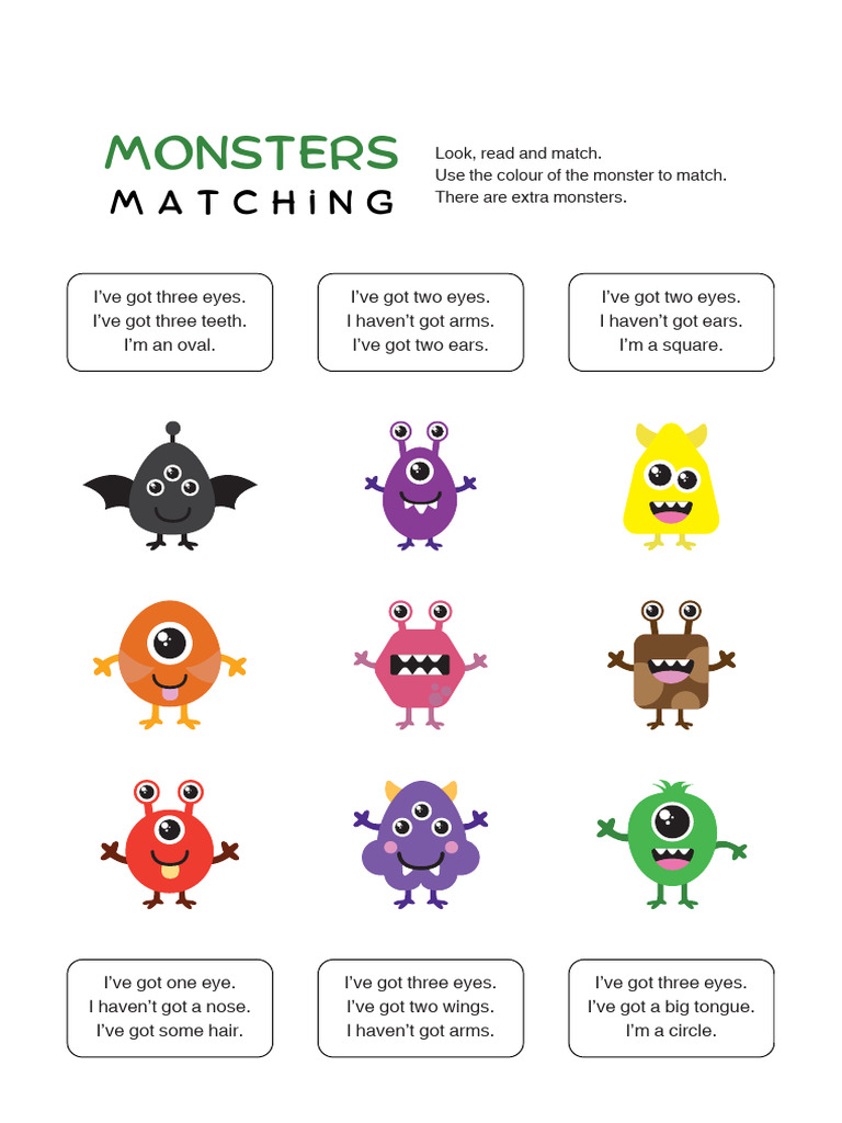 Monsters Description Matching Worksheets Full Colour and B&W Versions ...