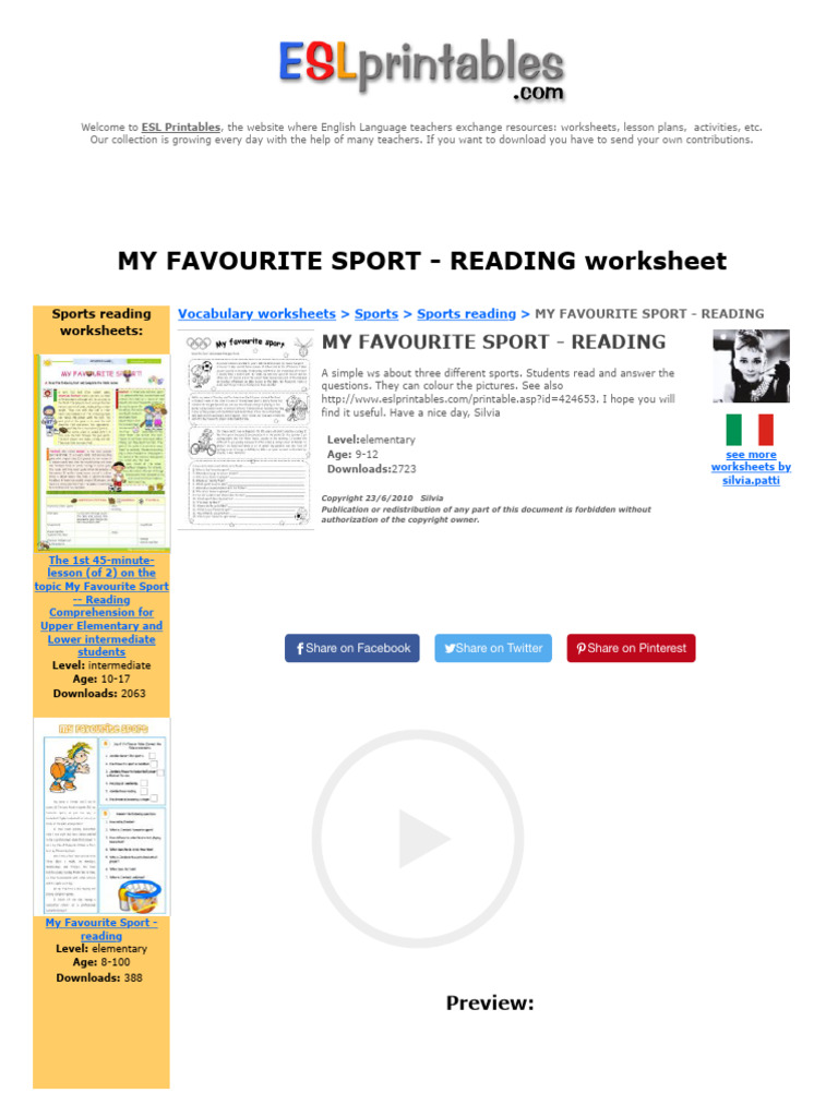 MY FAVOURITE SPORT - READING - ESL Worksheet by Silvia - Patti | PDF ...