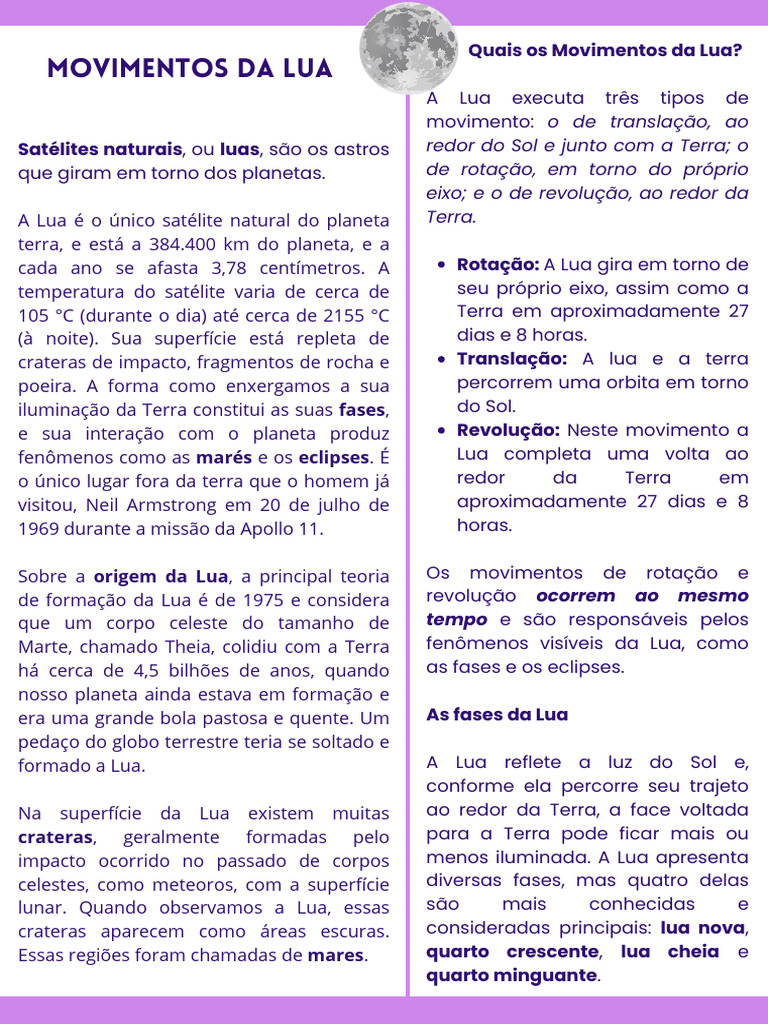 Movimentos Da Lua - Resumo + Atividade | PDF | Lua | Terra