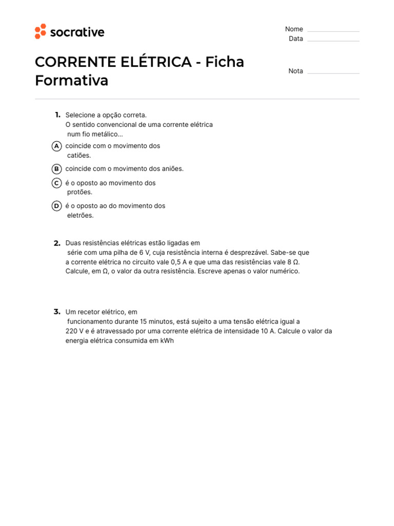 Quiz - CORRENTE ELÃ TRICA - Ficha Formativa | PDF | Resistência elétrica e condutividade | Rede ...