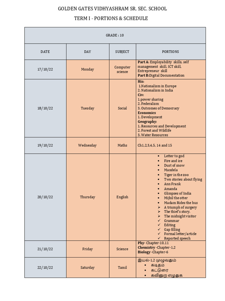 Term 1 Schedule (Grade 1) | PDF