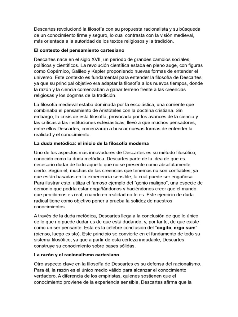 Filosofía de Descartes: Racionalismo y Dualismo | PDF | René Descartes ...