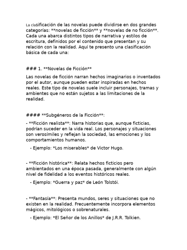 Clasificación de Novelas: Ficción y No Ficción | PDF | Novelas | No ficción