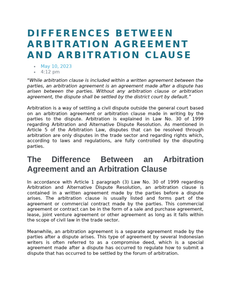 Arbitration Agreement vs. Clause Explained | PDF | Arbitration ...