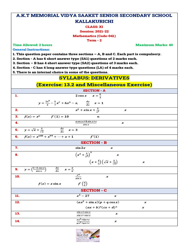 Class XI Math Derivatives Exam | PDF | Mathematics