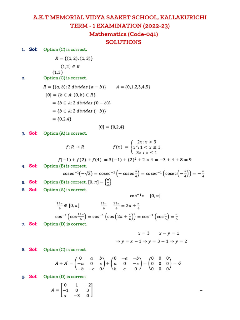 Class Xii Term - 1 Exam 2022-23 Final - Solutions | PDF | Qualifications | Mathematics