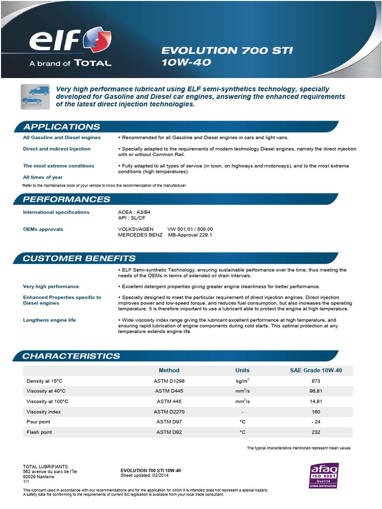 ELF - EVOLUTION 700 STI 10W-40 en 2014-02 | PDF | Diesel Engine | Engines