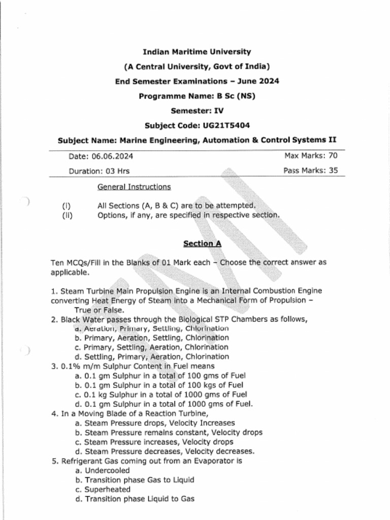UG21T5404 Marine Engineering Automation & Control Systems II June 2024 ... UG21T5404 Marine Engineering Automation & Control Systems II June 2024 ...