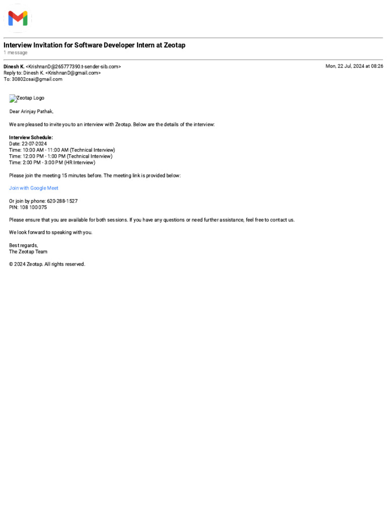 Gmail - Interview Invitation For Software Developer Intern at Zeotap ...