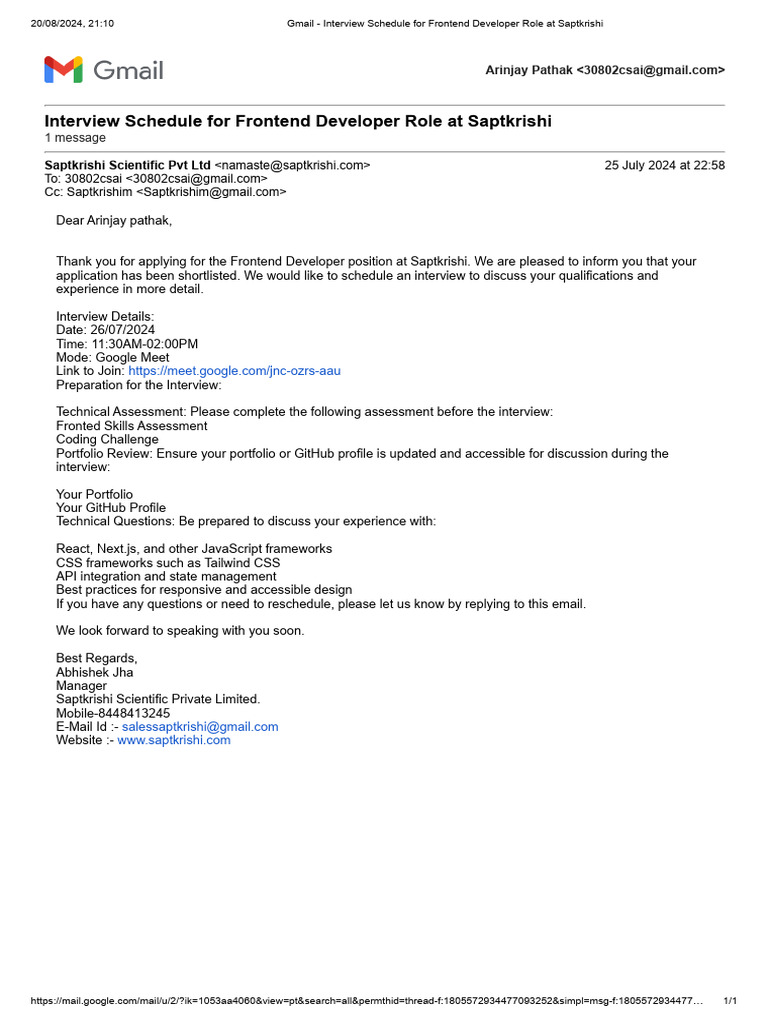 Gmail - Interview Schedule For Frontend Developer Role at Saptkrishi | PDF