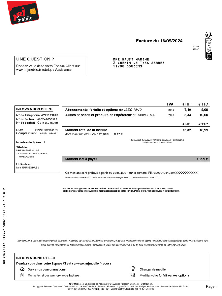 Facture NRJ Mobile de MME HAUSS | PDF | Taxe sur la valeur ajoutée ...