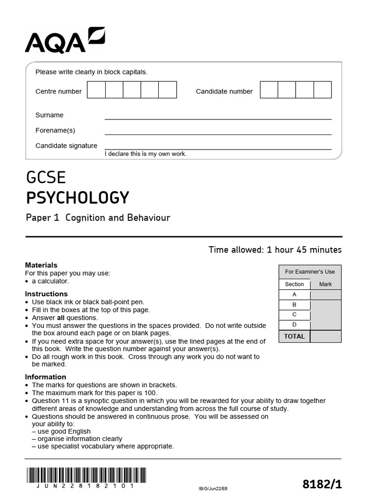 June 2022 QP - Paper 1 AQA Psychology GCSE | PDF | Memory | Experiment