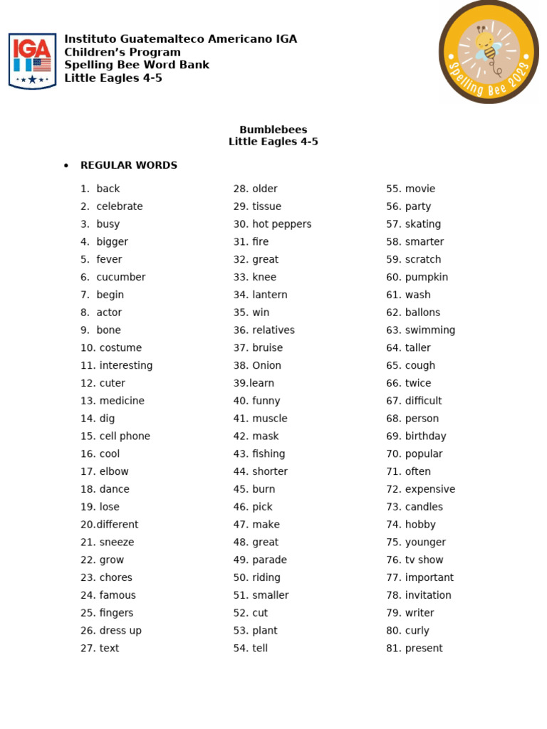 Spelling Bee Word Bank for Kids | PDF | Home & Garden