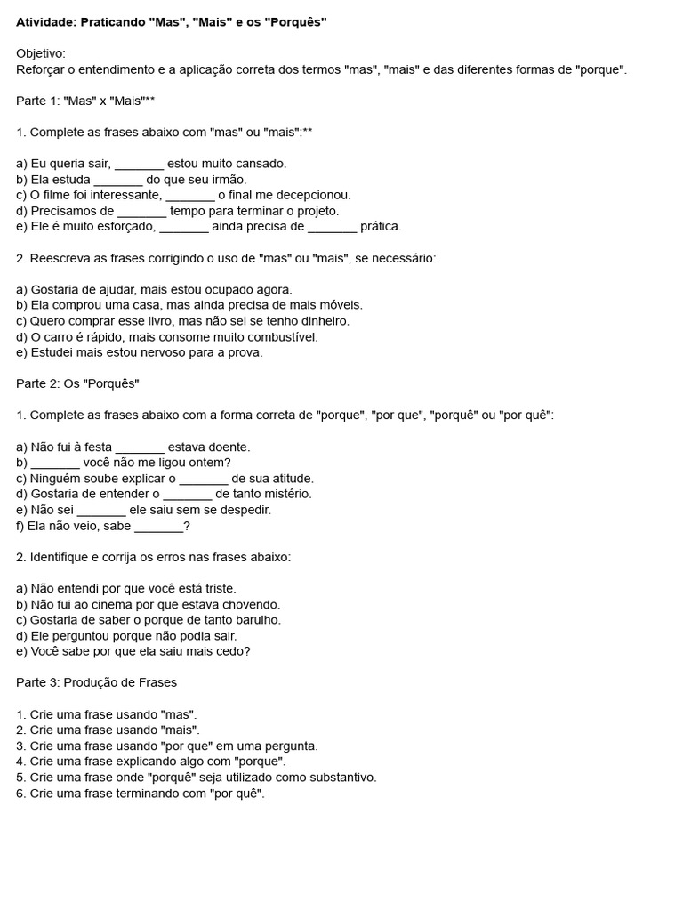 Atividade - Praticando - Mas - , - Mais - e Os - Porquês | PDF